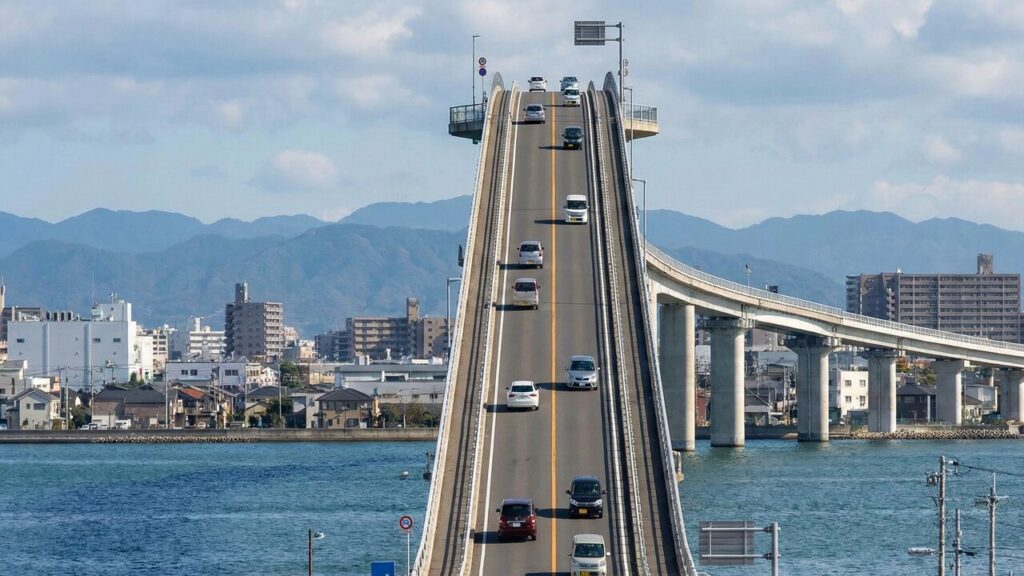 Eshima Ohashi no Japão ganha fama por sua inclinação de 6,1%, pois seus ...